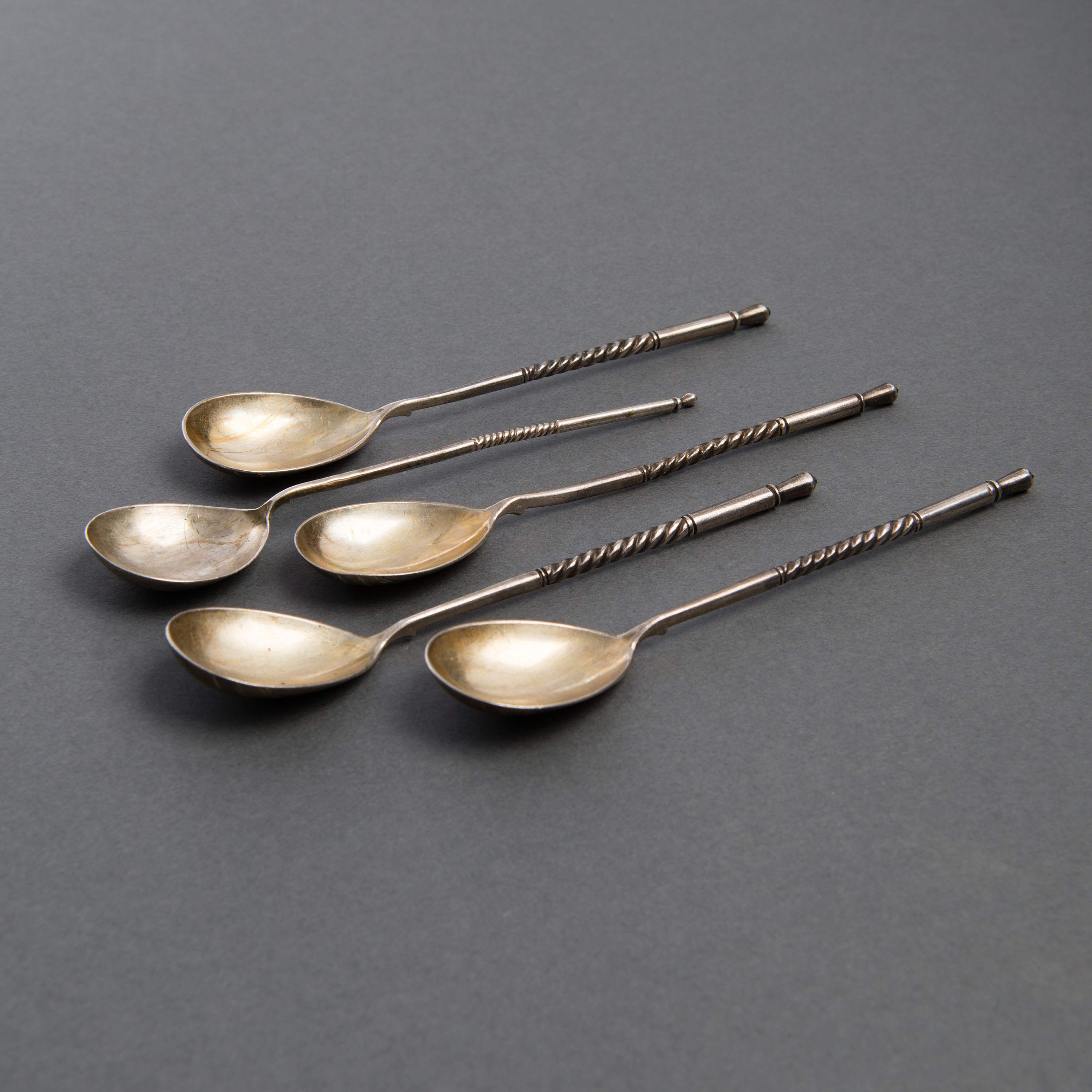 RUSSIAN SILVER TEA SPOONS, 1 pcs Ivan Vasilyevich Kozin, Kostroma and 4 ...