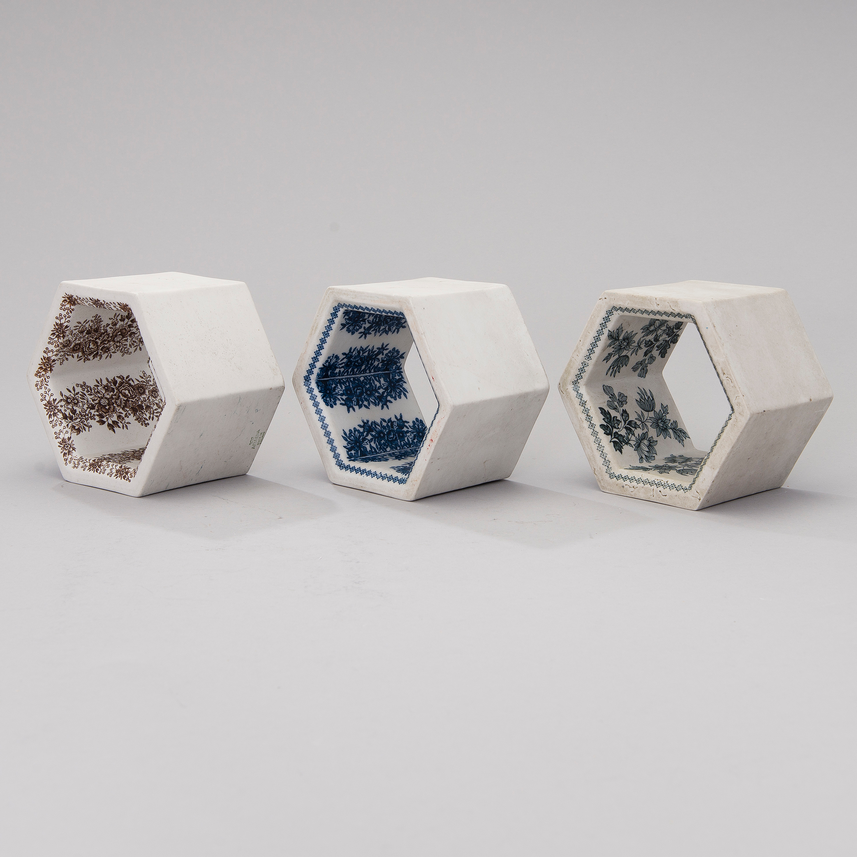 A set of three 1960s sculptures 'Hexagon tiles', for Arabia, Finland ...