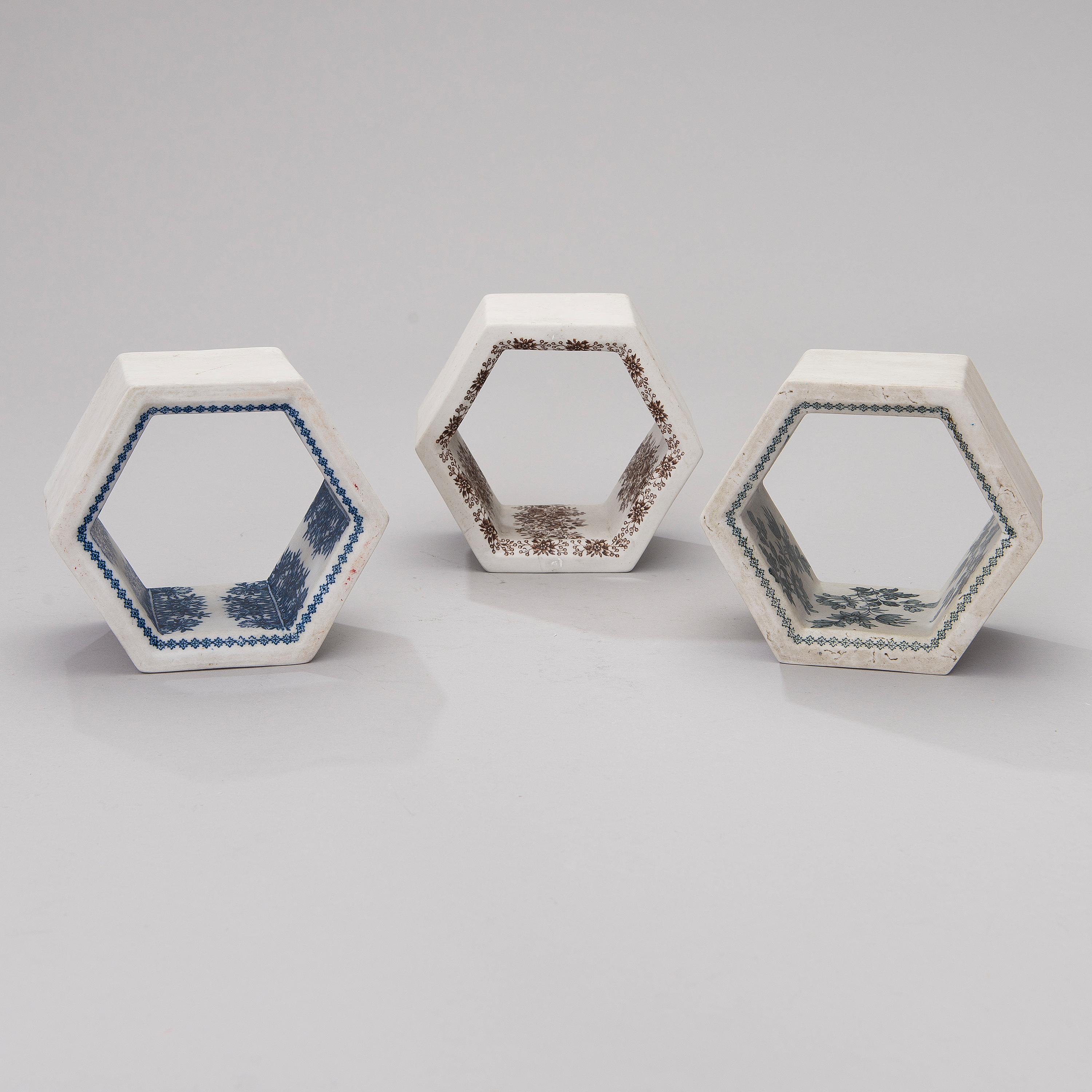 A set of three 1960s sculptures 'Hexagon tiles', for Arabia, Finland ...