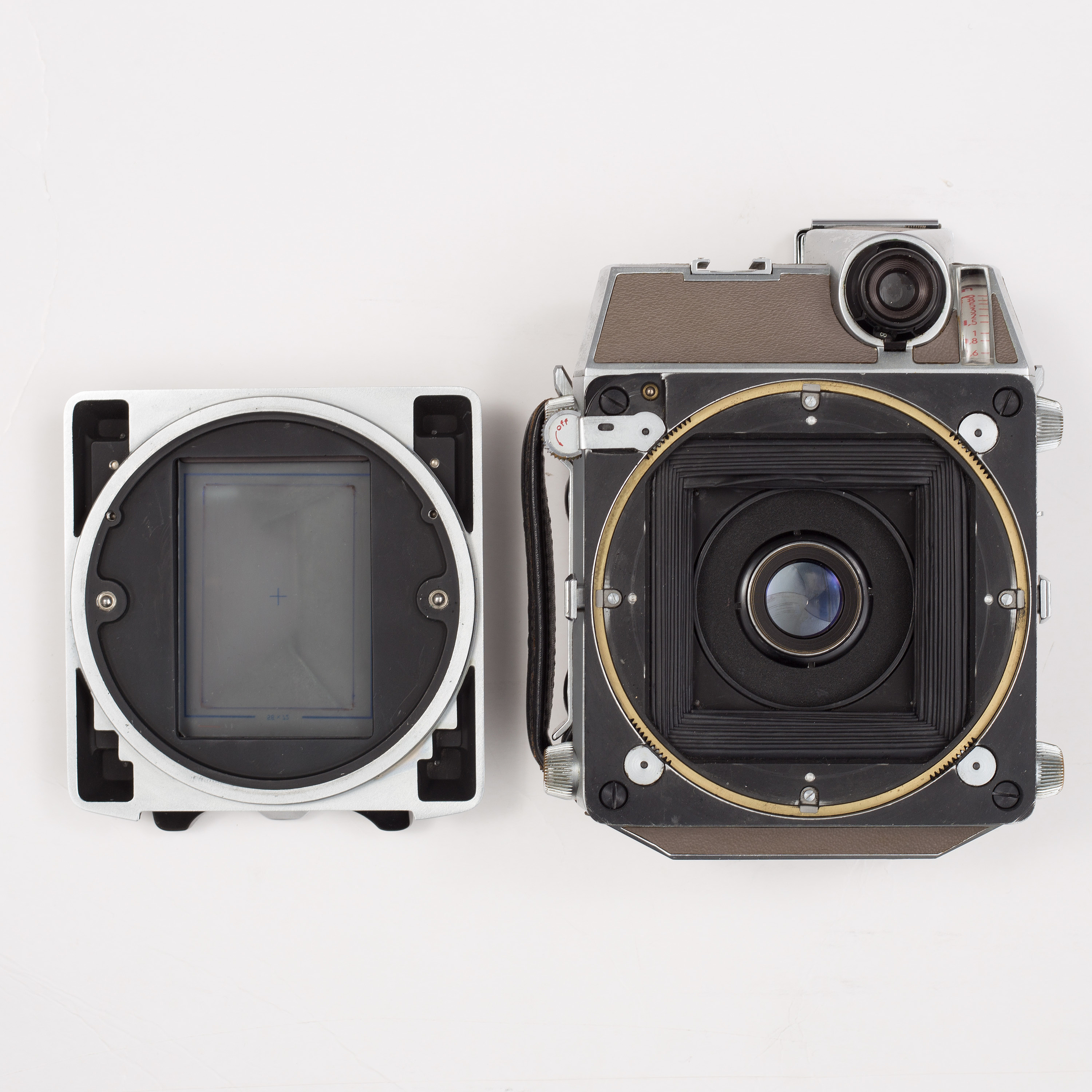 A Linhof Technika camera no 90417 with four lenses and one camera stand ...