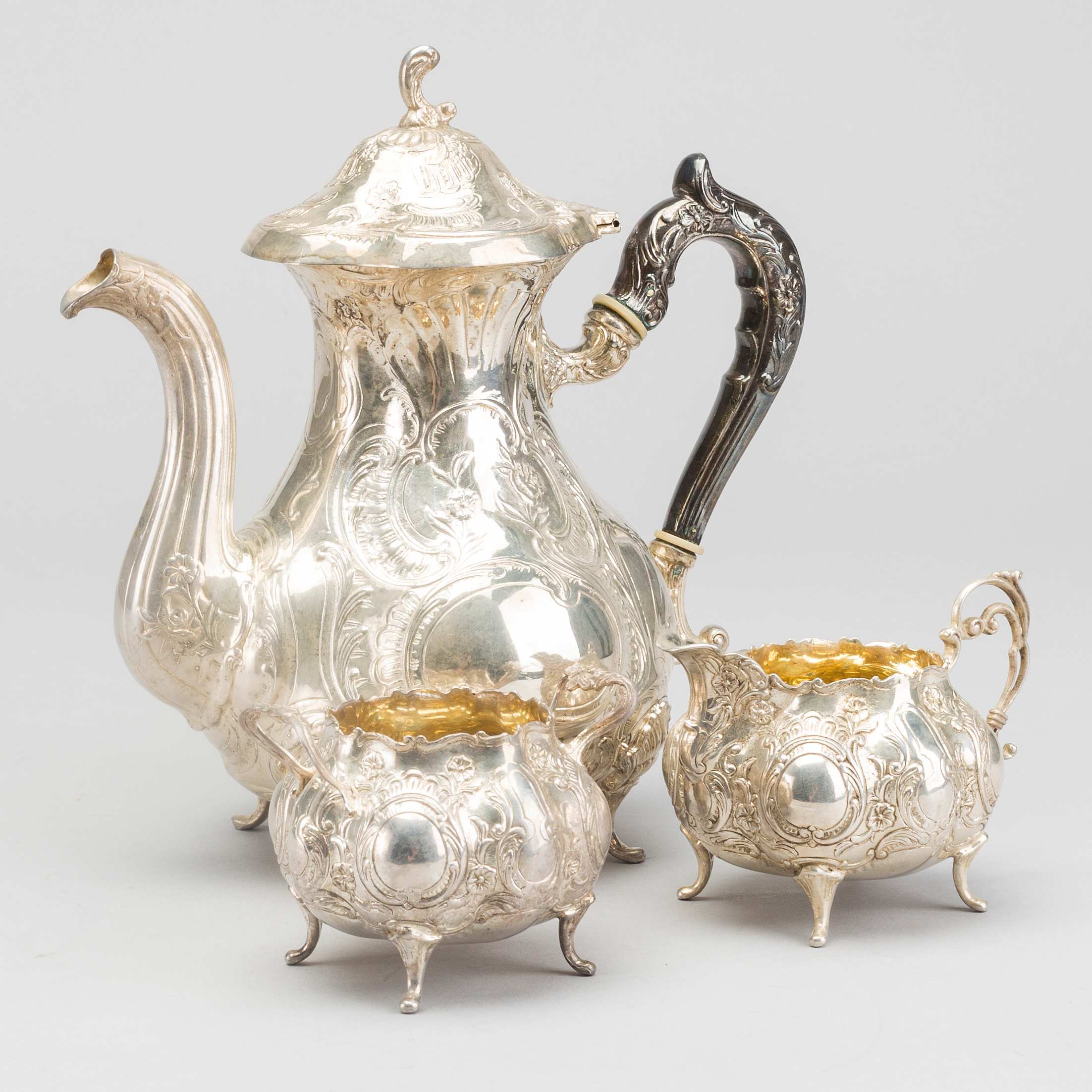 A Swedish 20th century silver Neo Rococo three pcs coffee service mark ...