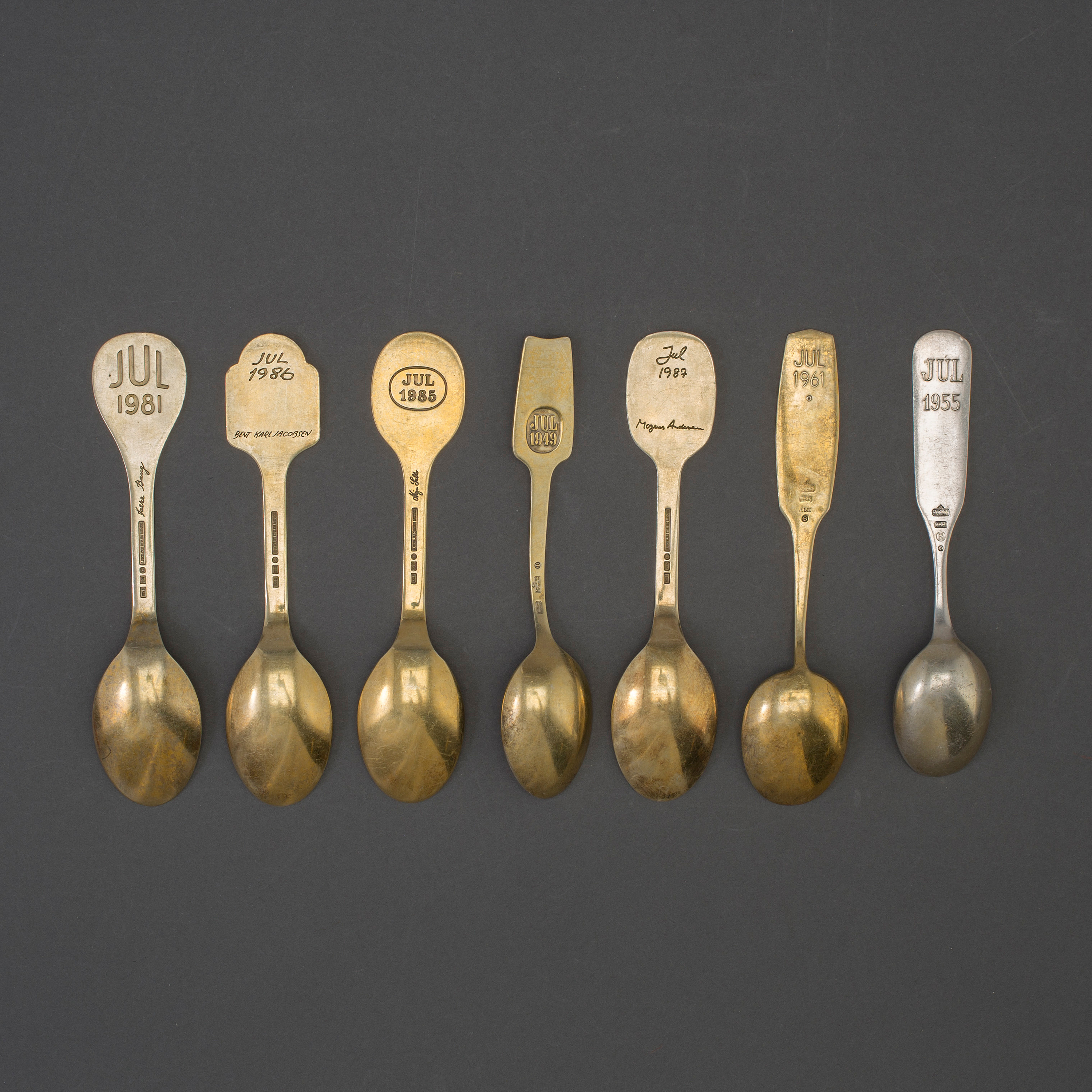 7 sterling silver spoons, A Michelsen, Denmark, 1949, 1955, 1961, 1981 ...