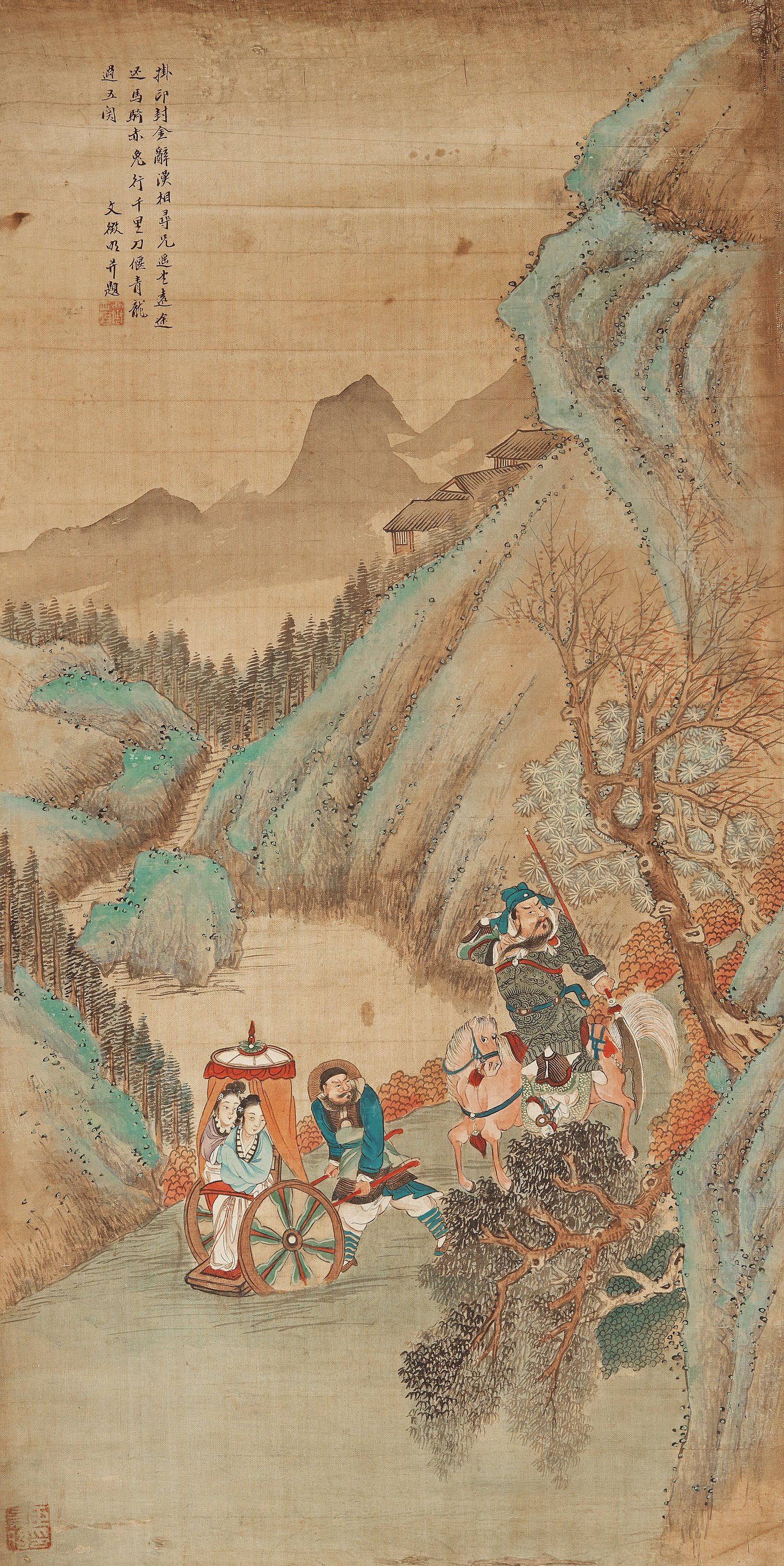 Four hanging scrolls with scenes from the history of the Three Kingdoms ...