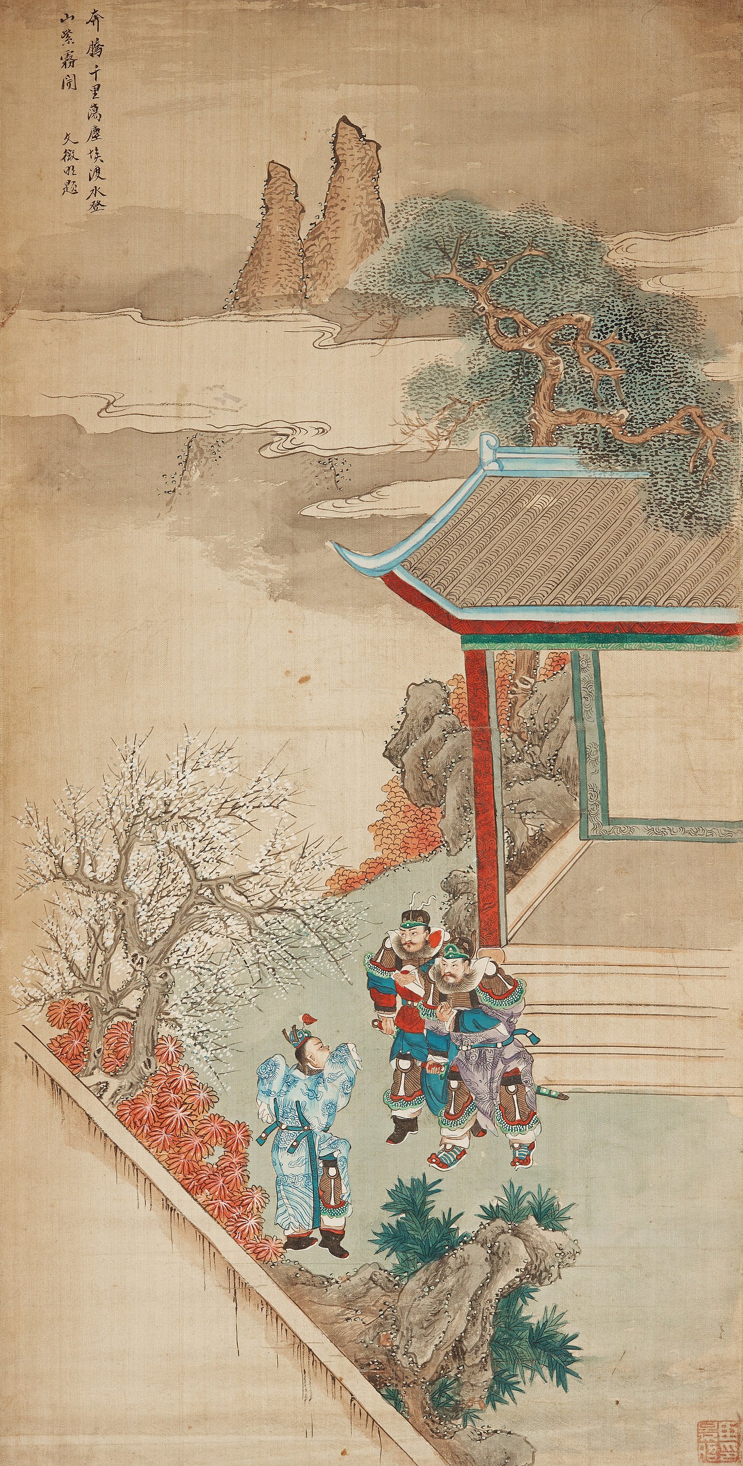 Four hanging scrolls with scenes from the history of the Three Kingdoms ...