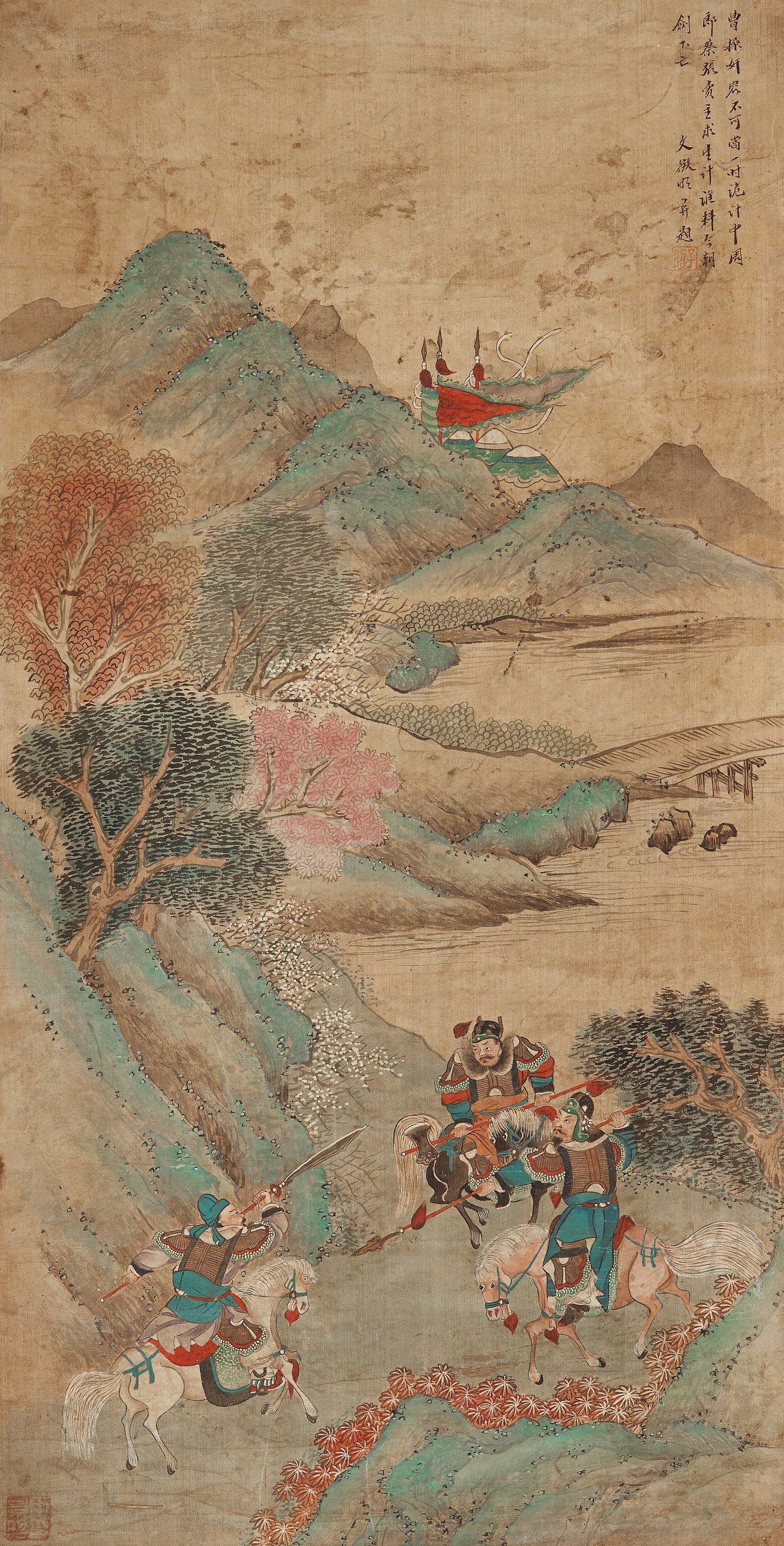 Four hanging scrolls with scenes from the history of the Three Kingdoms ...