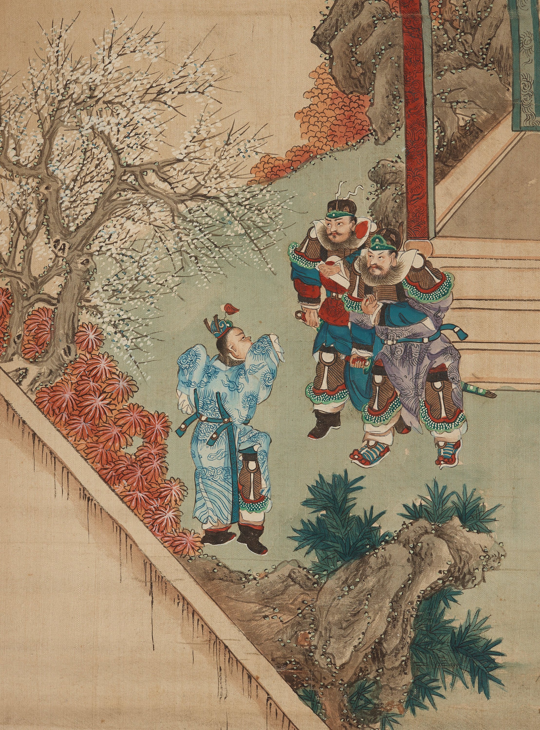Four hanging scrolls with scenes from the history of the Three Kingdoms ...