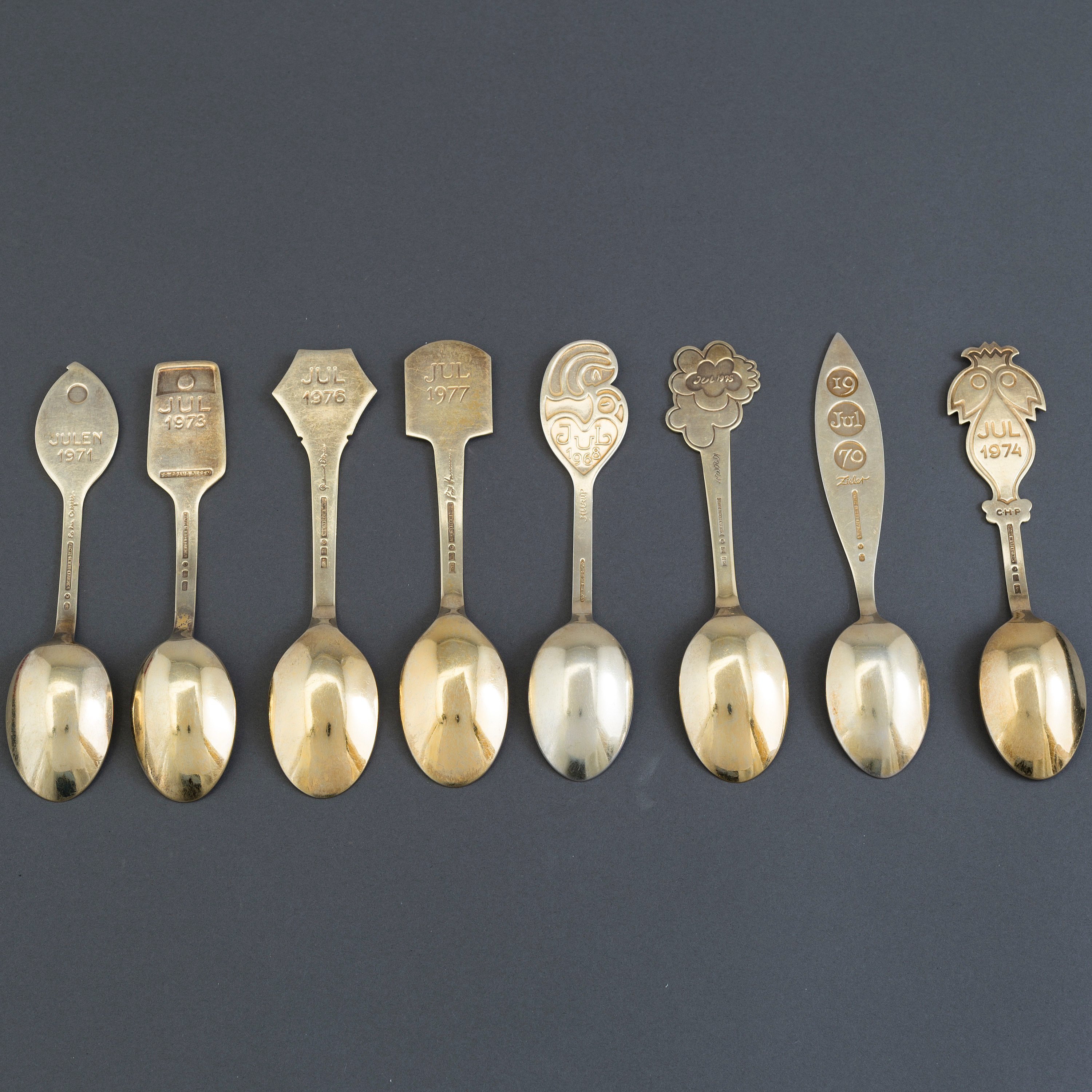 Christmas spoons, seven pieces, gilted silver, Anton Michelsen, Denmark ...